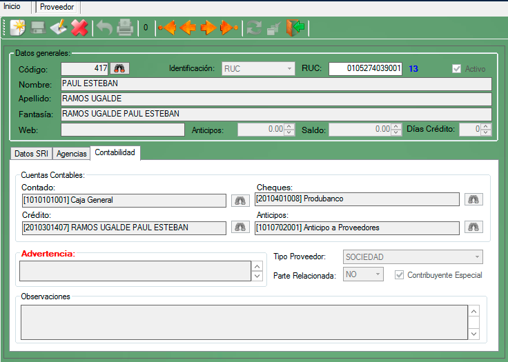 Registrar un proveedor – Sistema Contable